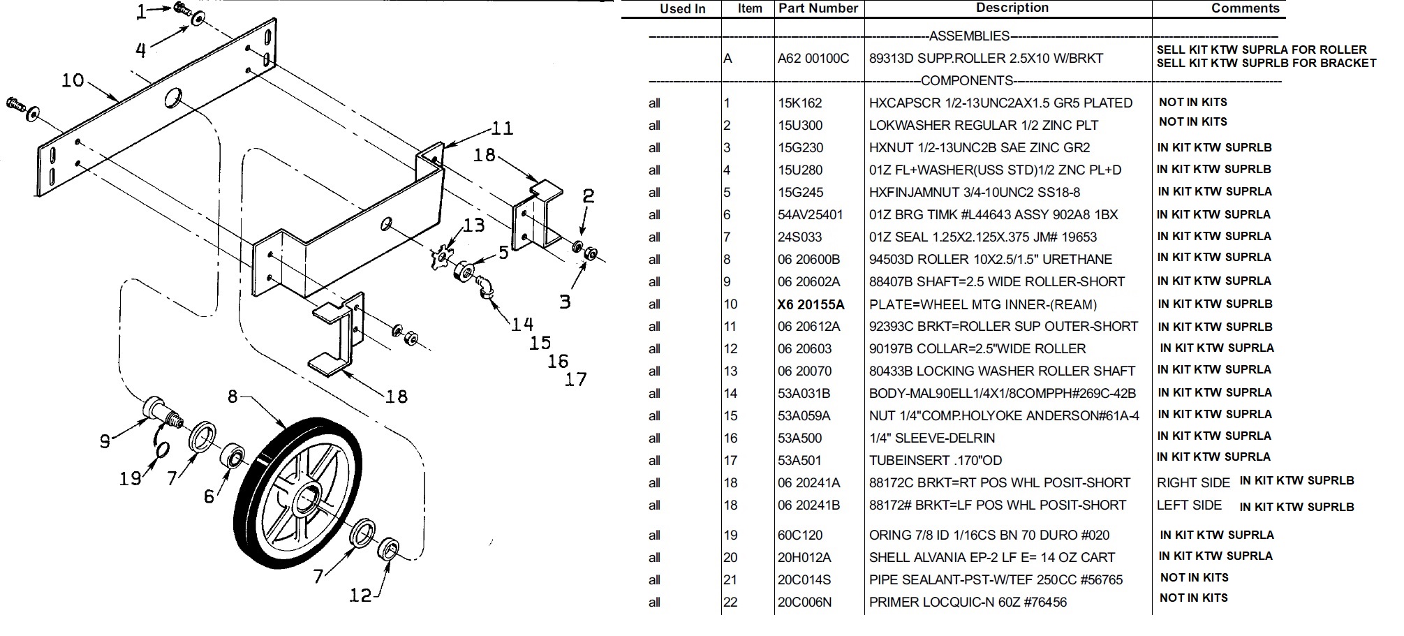 CBW SUPPORT ROLLER ASSEMBLIES WITH PART NUMBERS